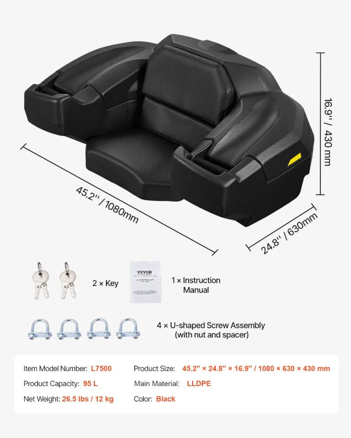 Vevor ATV Rear Storage Box Lounger 42.5" x 24.8" x 16.9" 95 Qt Capacit ...