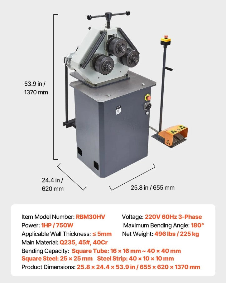 Vevor Electric Pipe and Tube Bender 3-Roller 750W 180° Max Bend 220V 3 ...