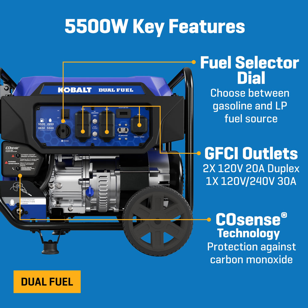 Kobalt KPG0100 5500W/6830W Generator Dual Fuel Gas Propane with CO Sen ...