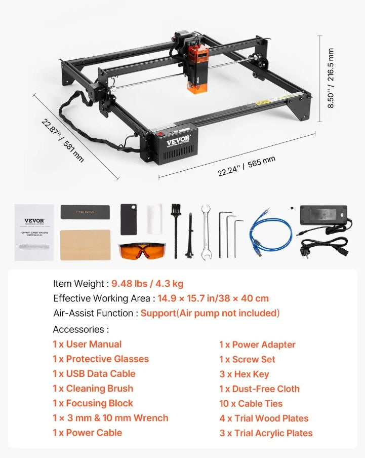Vevor Laser Engraving Machine 15" × 15.75" Work Area 5W Compressed Spo ...