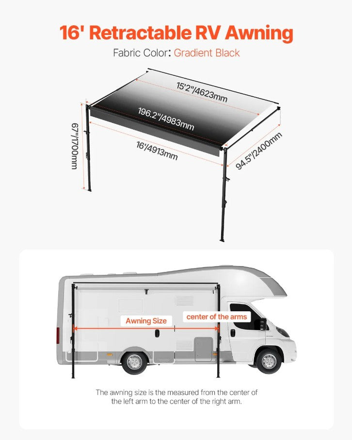 Vevor Manual RV Awning 16' Heavy-Duty Waterproof Vinyl Canopy for Trai ...