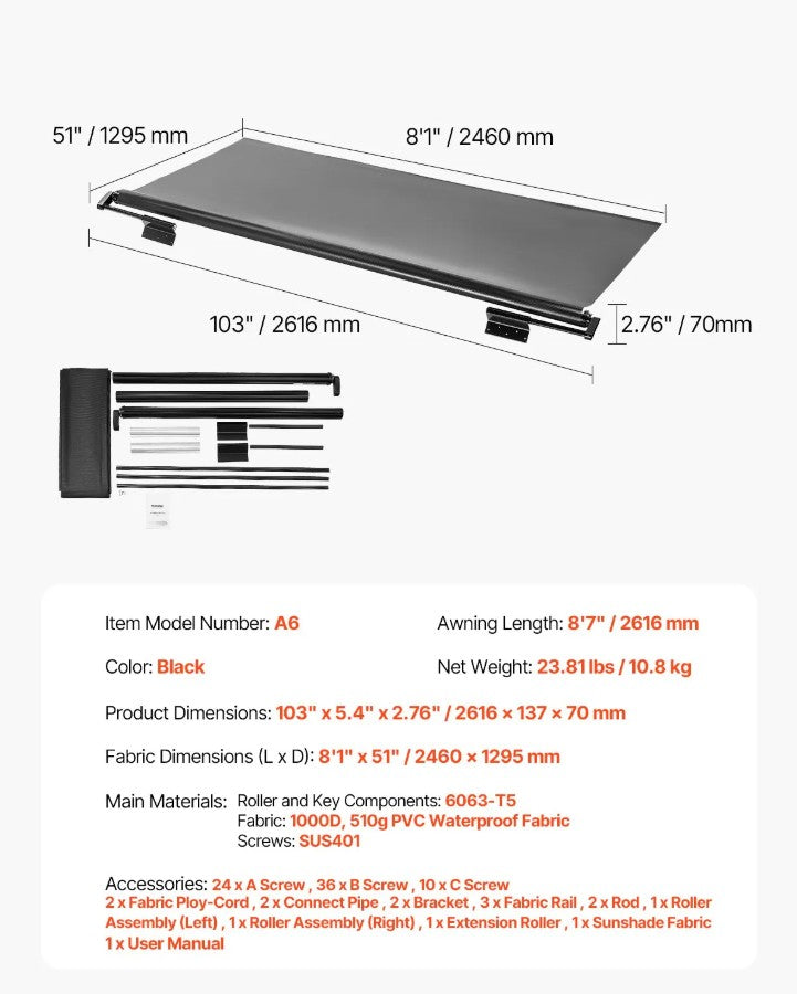 Vevor RV Awning Replacement 8' 1" Fabric Slide Topper New – FactoryPure