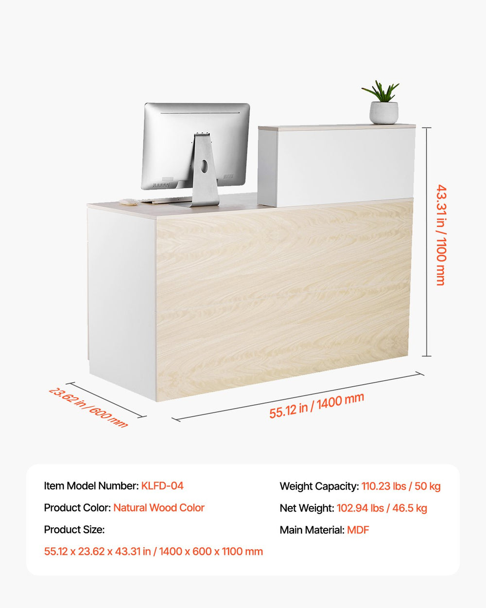 Vevor Reception Desk 55" Rectangular MDF Counter with Lockable Drawer ...