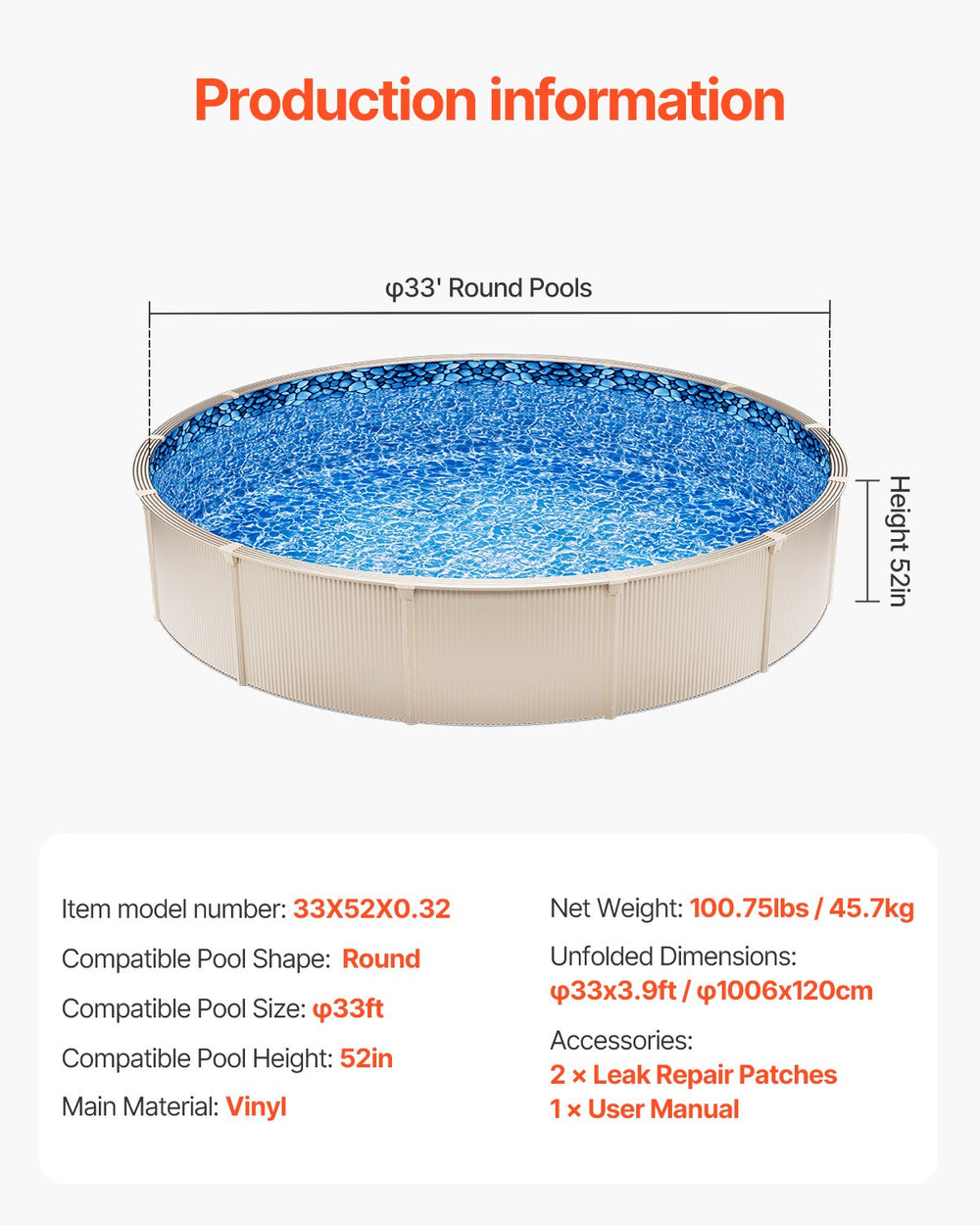 Vevor 33' Round Pool Liner 52" Wall Height Unibead Vinyl Above Ground ...