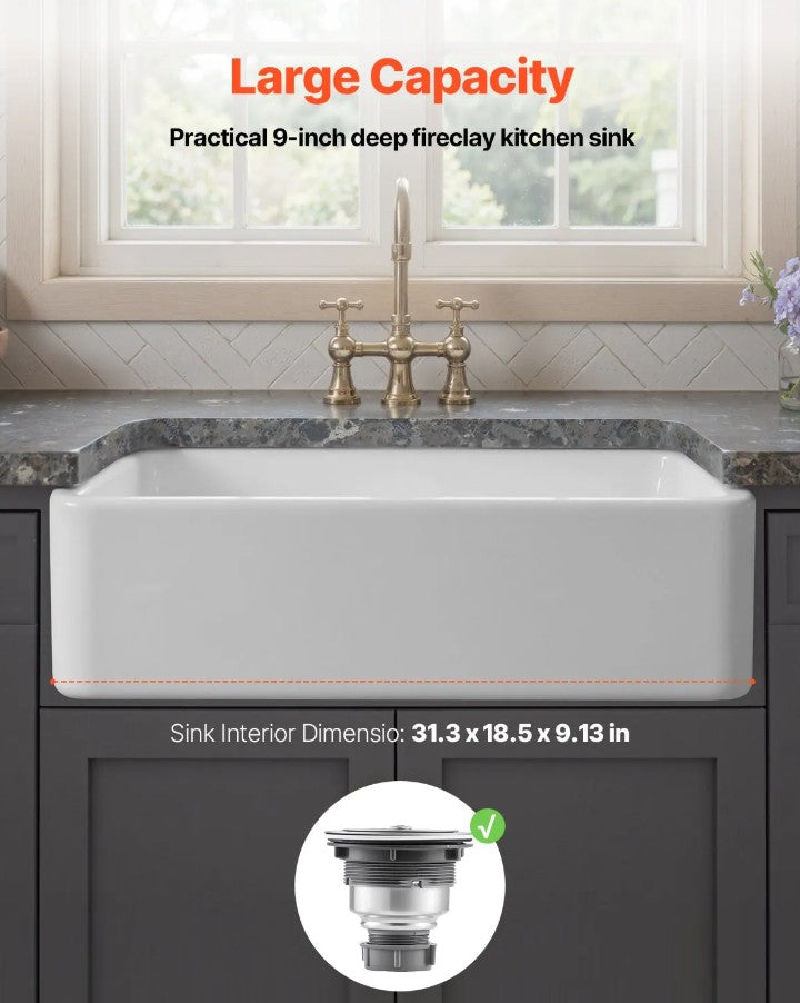 Vevor Farmhouse Sink 33.5" x 20" Undermount Fireclay Single Bowl White ...