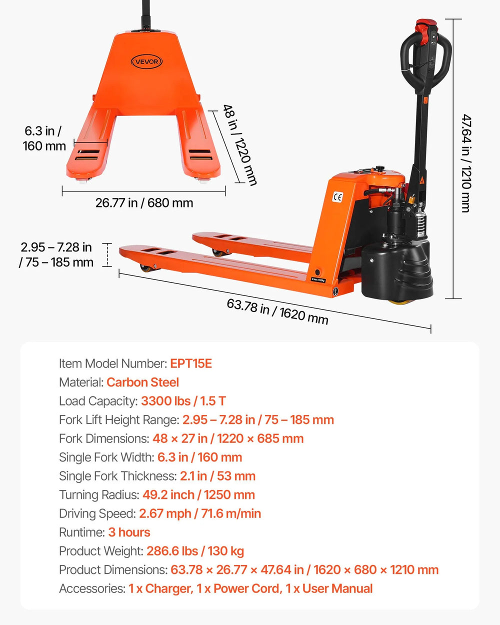 Vevor Electric Pallet Jack 3300 lbs. 48V Lithium Battery 48" x 27" For ...