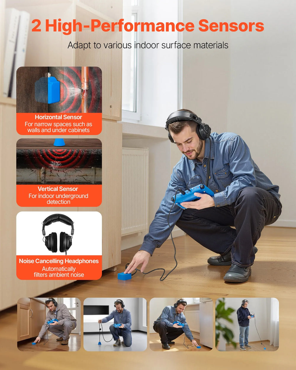 Vevor Pipe Water Leak Detector 1-10000Hz Frequency Range 1.6 ft Depth ...