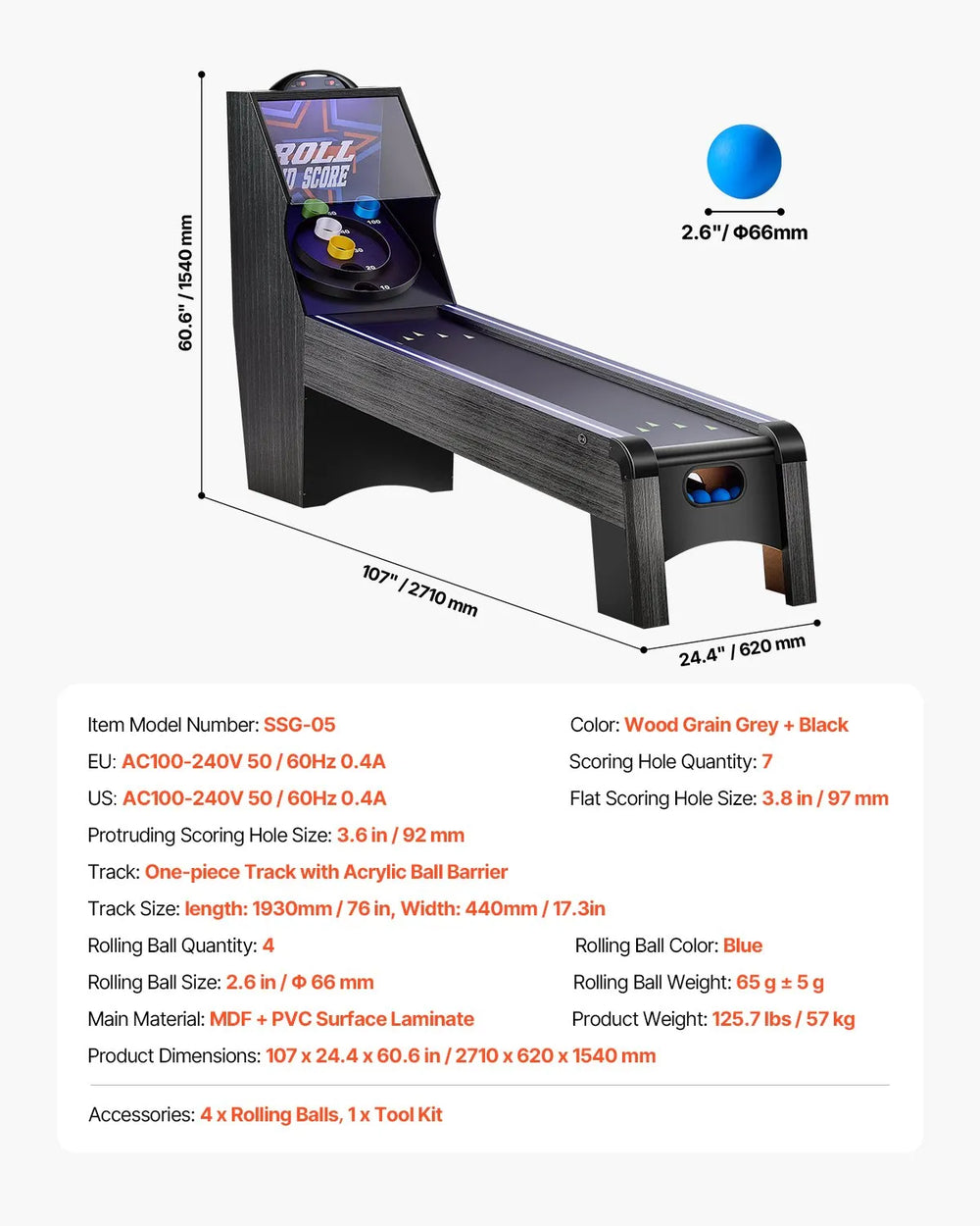 Vevor Roll & Score Skee Ball Arcade Game 9 Ft with LED Scorer and Ligh ...