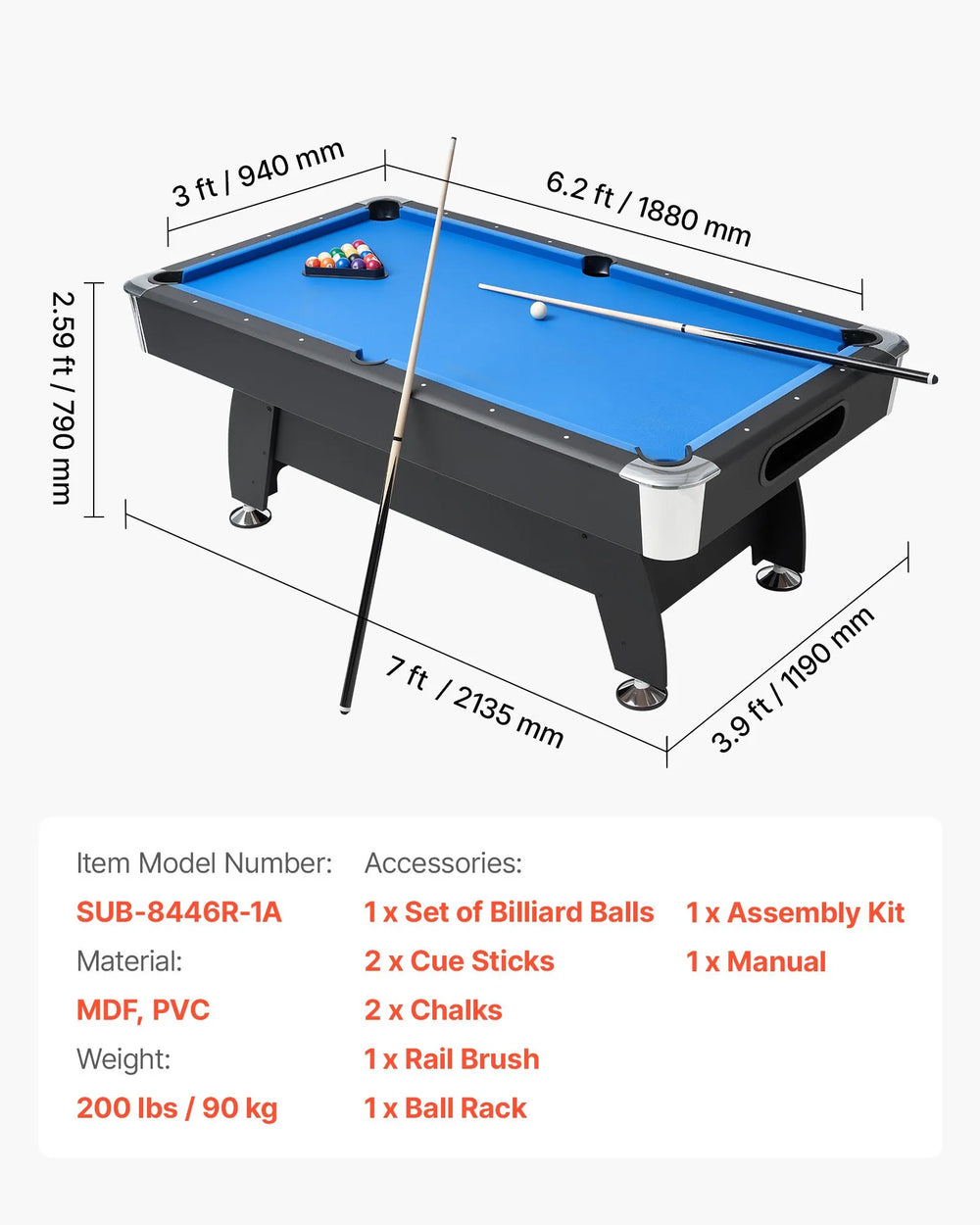 Vevor Pool Table 7 ft. Game Table Blue Cloth with Complete Accessories ...