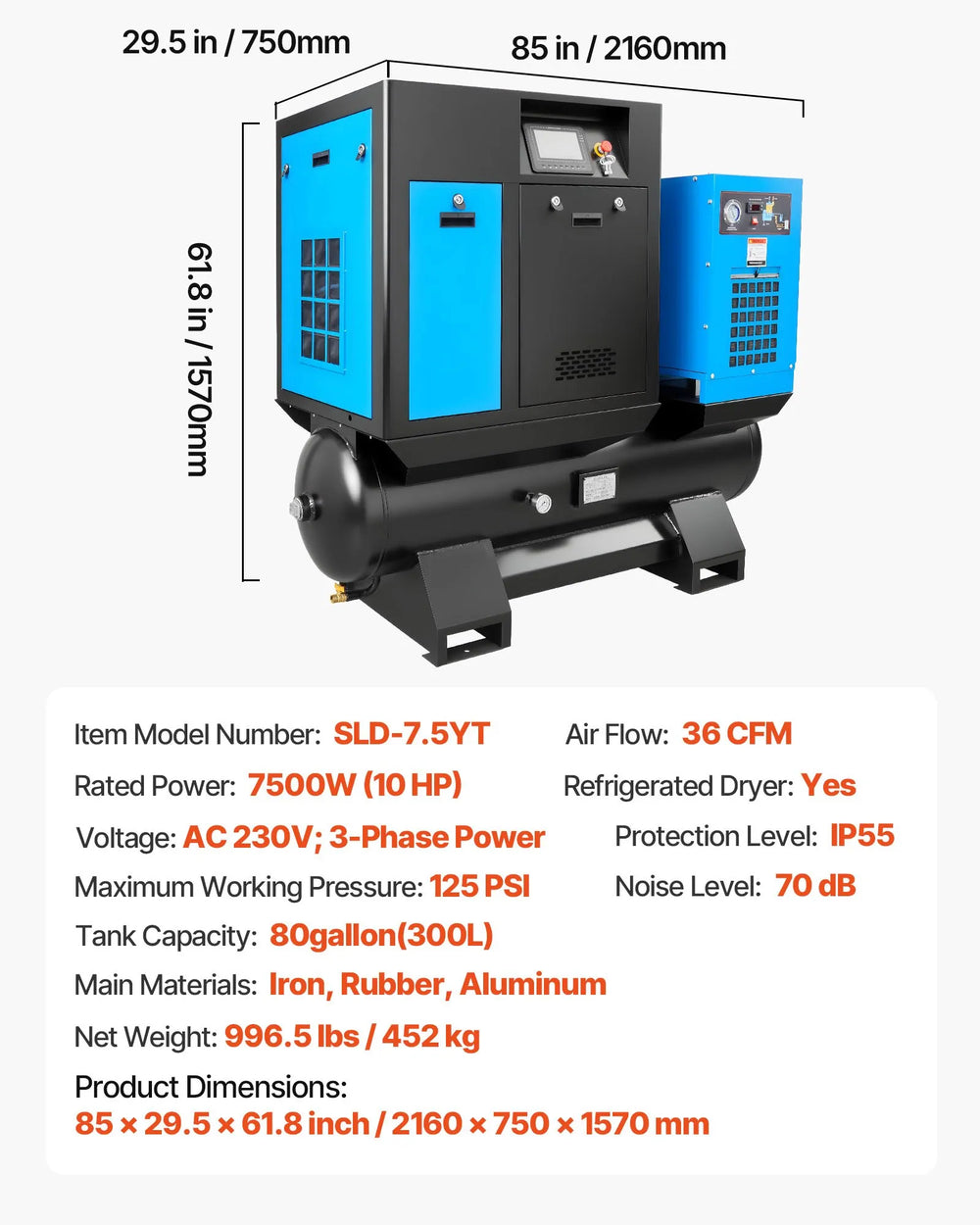 Vevor Rotary Screw Air Compressor with Refrigerated Dryer 80 Gal. 125 ...