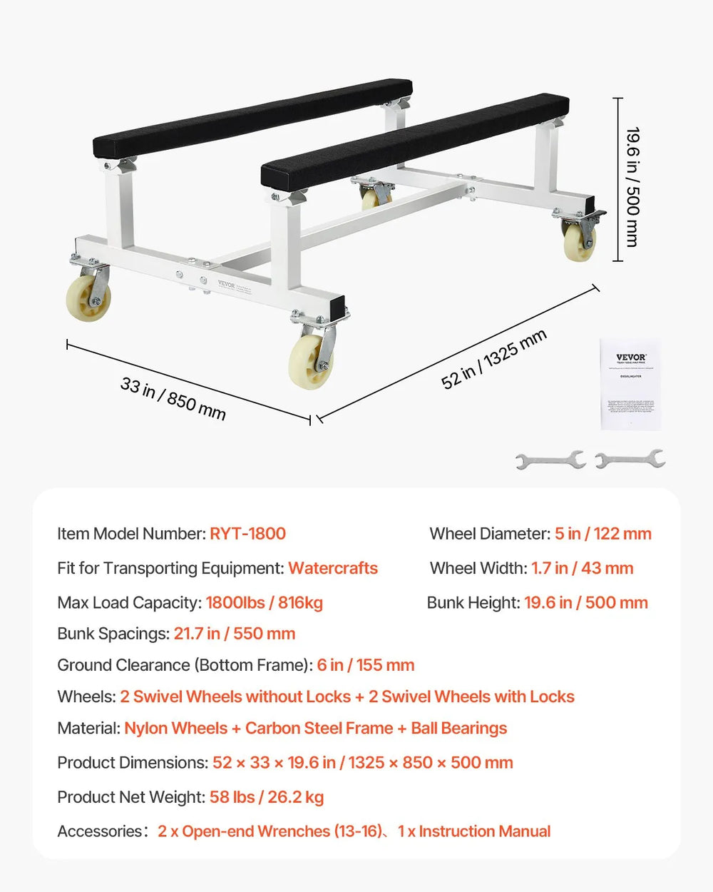 Vevor Watercraft Dolly PWC 1800 Lbs Load Capacity Jet Ski Storage Cart ...
