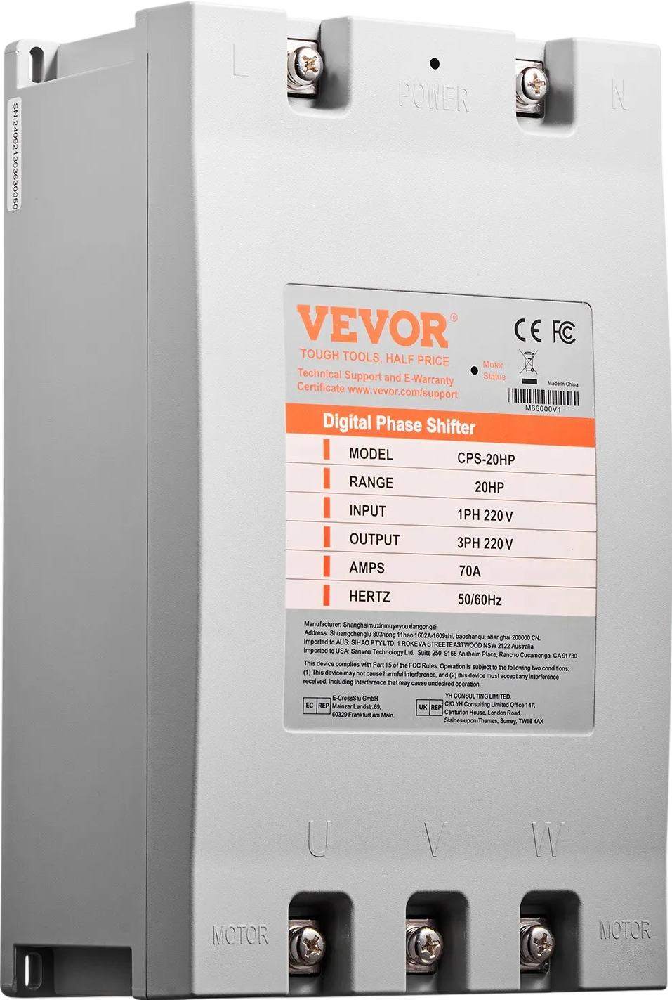 Vevor Digital Phase Shifter Single to 3-Phase Converter 20HP 70A 220V ...